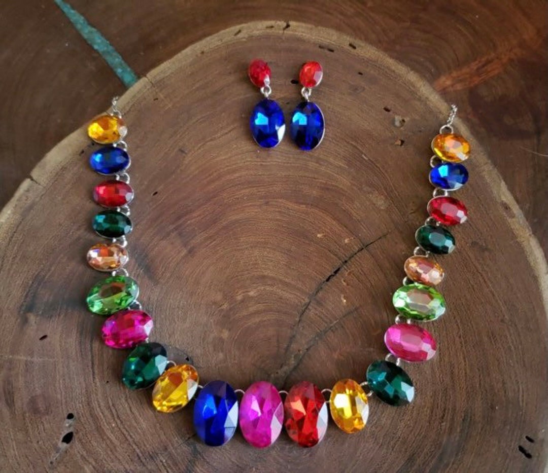 Multi Color Rhinestone Necklace and Earrings Set, Colorful Crystal ...
