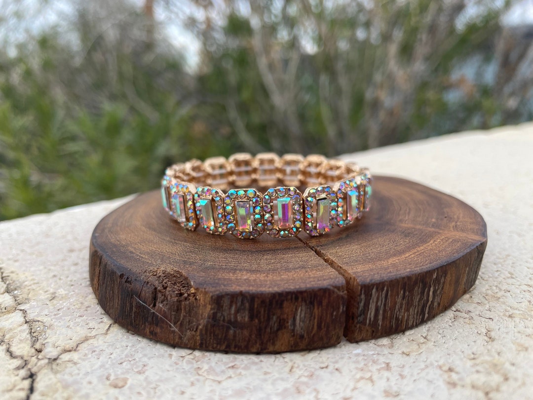 Ab Gold Rhinestone Bracelet, Iridescent Prom Bracelet, Aurora Borealis ...