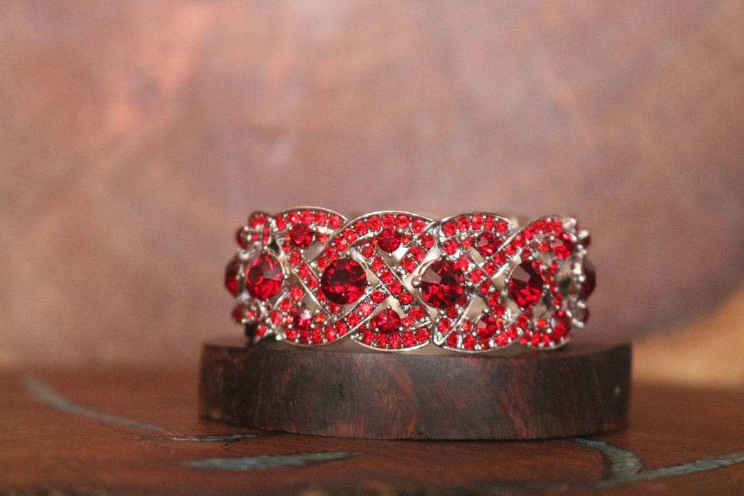 Red Rhinestone Bracelet, Red Bridal Bracelet, Red Crystal Stretch ...