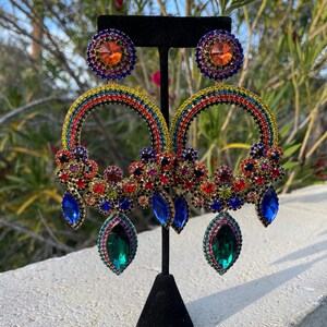 Oversized Multi Color Rhinestone Earrings, Multi Color Chandelier Large ...