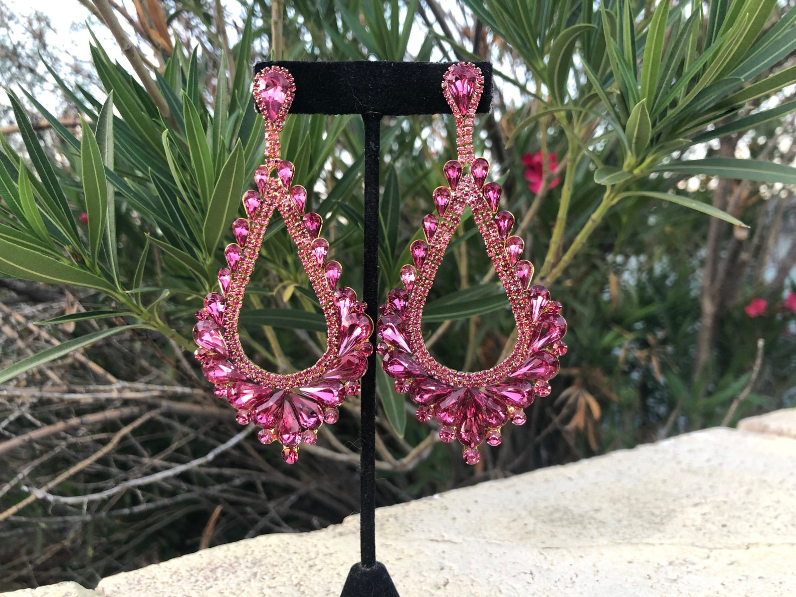 Hot Pink Dangle Earrings Pink Rhinestone Earrings Pink Long - Etsy