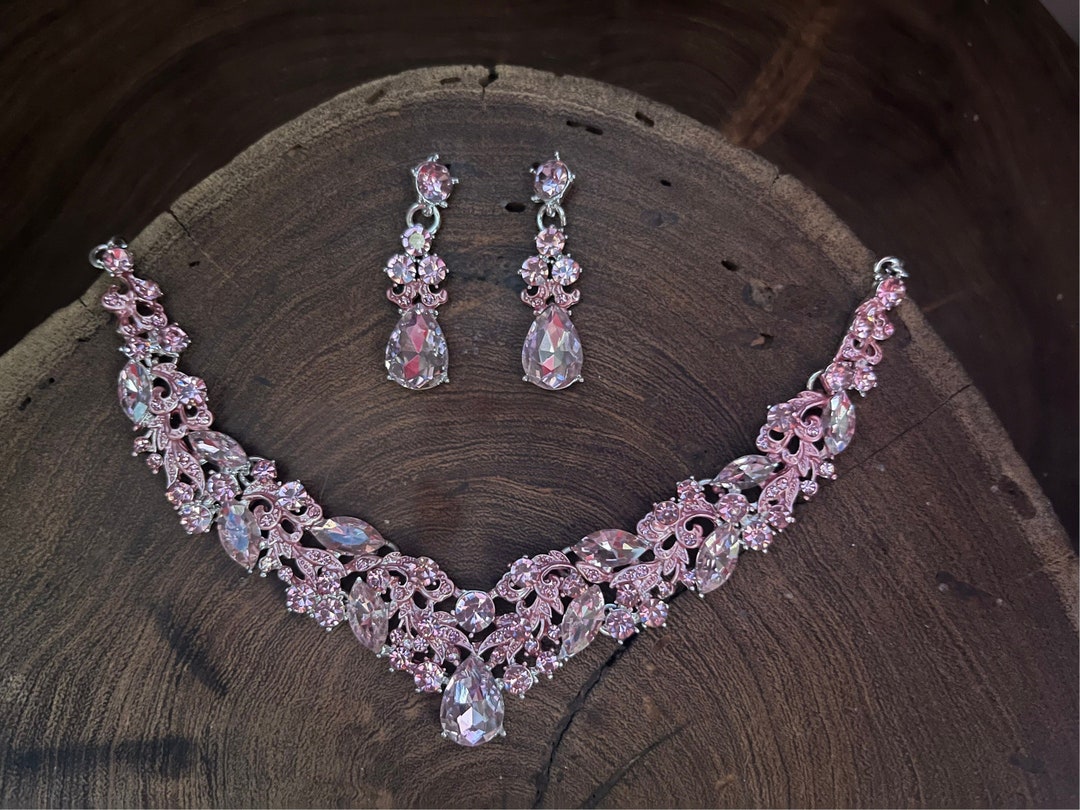 Light Pink Rhinestone Necklace and Earrings Set, Rose Pink Prom Jewelry ...
