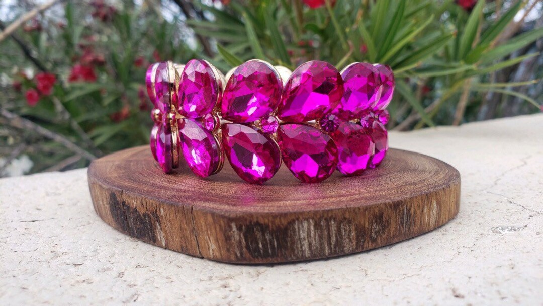 Fuchsia Wide Bracelet, Fuchsia Rhinestone Statement Bracelet, Fuchsia ...