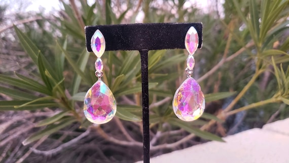 Iridescent Prom Earrings Aurora Borealis Earrings Ab Rhinestone Earrings Etsy