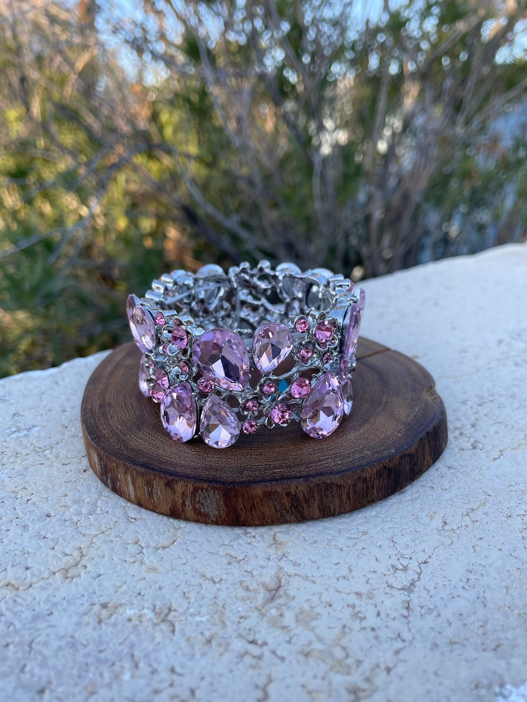 Light Pink Rhinestone Bracelet, Prom Pink Bracelet, Wide Rose Pink ...