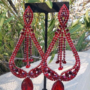 Extra Long Red Rhinestone Earrings, Oversized Pageant/prom Red ...