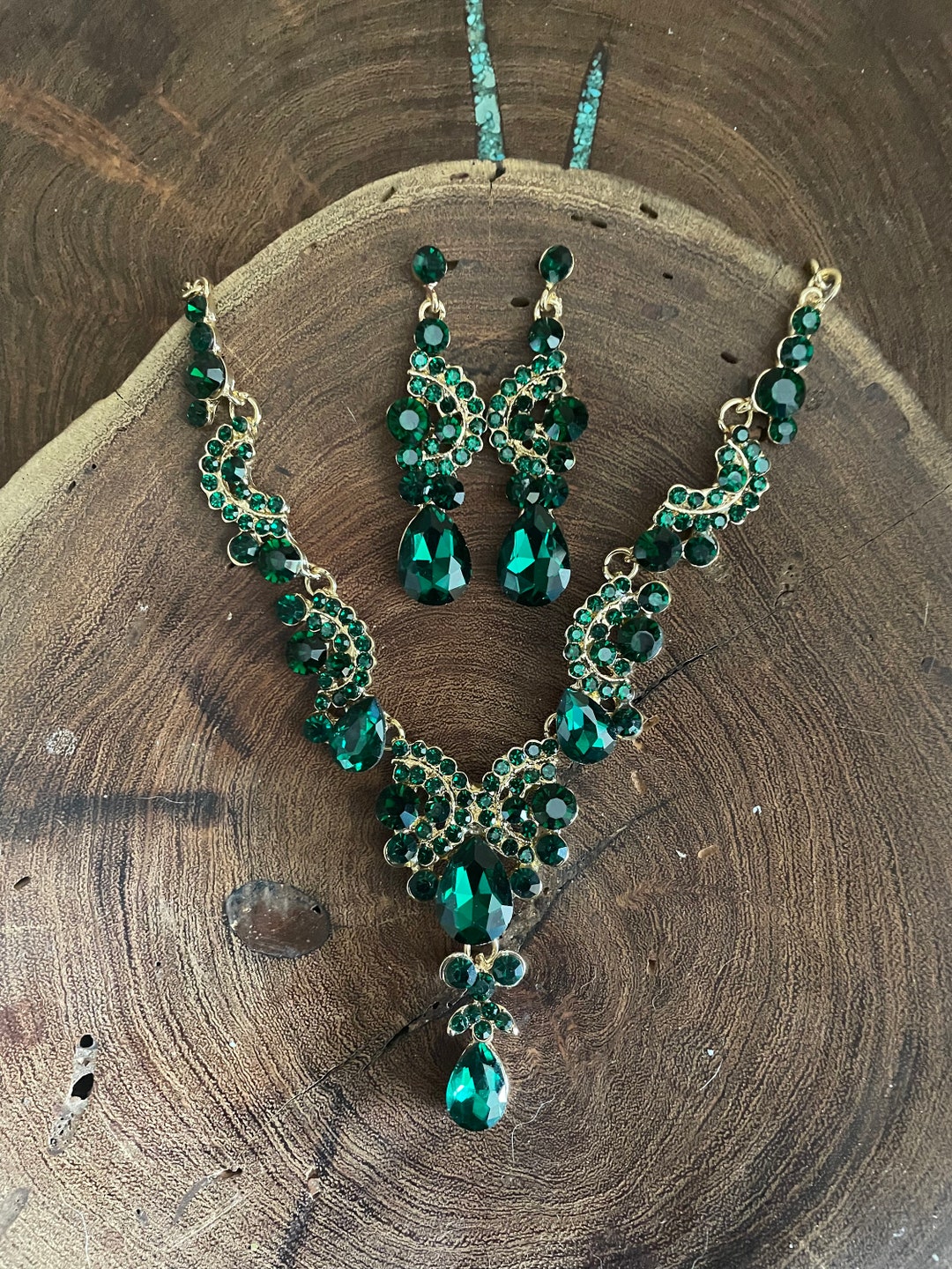 Emerald Rhinestone Necklace and Earrings Set, Emerald Green Bridal ...
