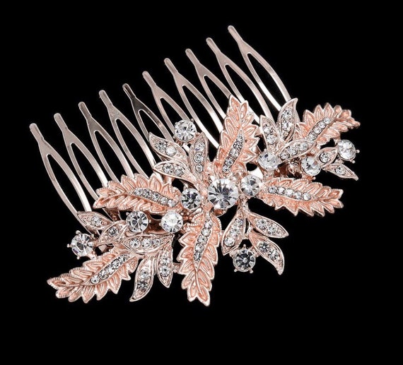 rose gold rhinestone hair comb wedding rose hold hair piece rose gold setting hair comb