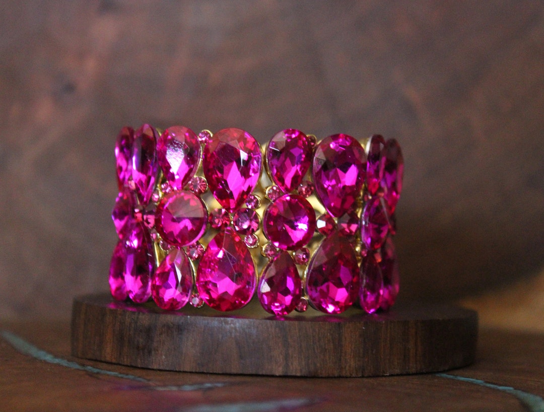 Fuchsia Wide Bracelet, Fuchsia Prom Bracelet, Large Crystal Fuschia ...