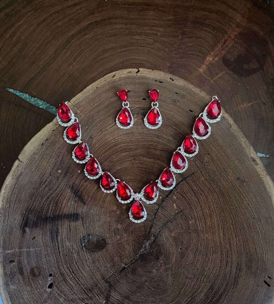 Red Rhinestone Necklace and Earrings Set, Red Prom Necklace Set, Red Rhinestone Wedding Necklace ...