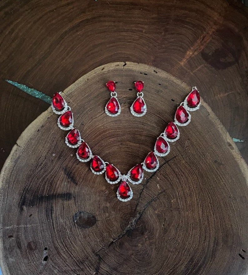 Red Rhinestone Necklace and Earrings Set Red Prom Necklace - Etsy