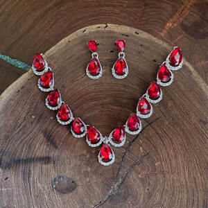 Red Rhinestone Necklace and Earrings Set, Red Prom Necklace Set, Red Rhinestone Wedding Necklace ...