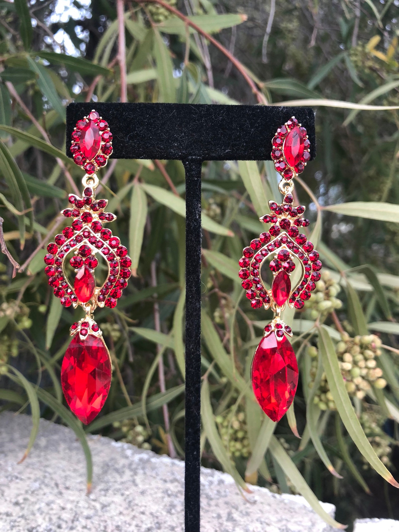 Red Rhinestone Earrings Red Dangle Earrings Red Bridal - Etsy