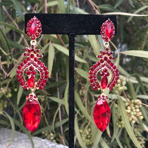 Red Rhinestone Earrings, Red Dangle Earrings, Red Bridal Earrings, Red ...