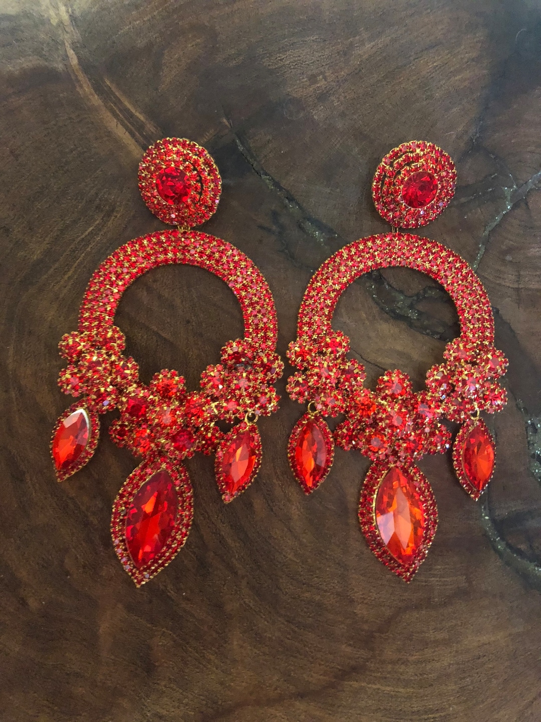 Large Red Chandelier Earrings, Oversized Red Crystal Earrings, Red ...