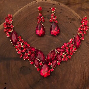 Red Necklace, Red Rhinestone Necklace and Earrings Set, Red Prom Necklace Set, Red Bridal ...