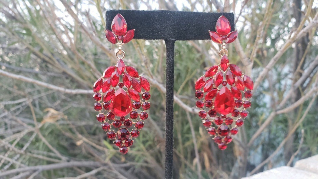Red Rhinestone Earrings, Deep Red Earrings, Red Prom Earrings - Etsy