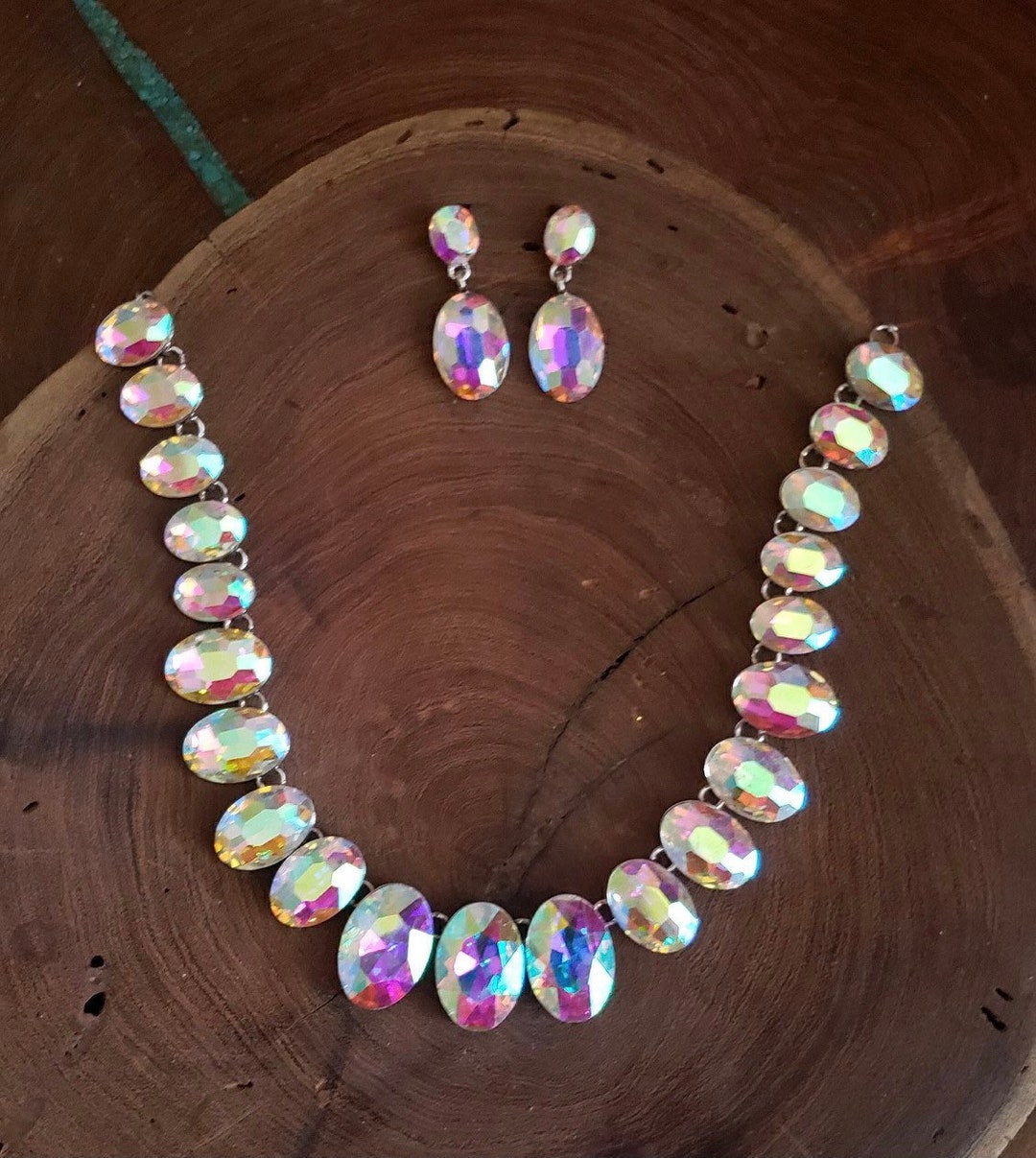 Ab Rhinestone Necklace and Earrings Set, Iridescent Crystal Necklace ...