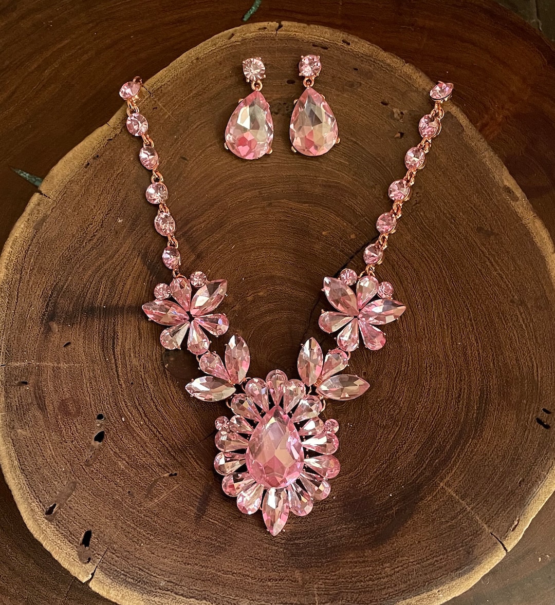 Pink Rhinestone Necklace, Rose Pink Necklace and Earrings Set, Pink ...