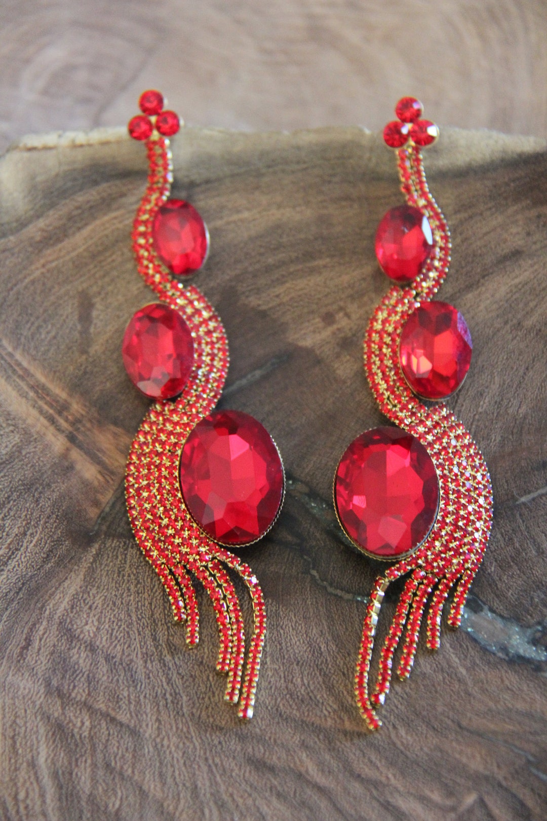 AB Extra Long Rhinestone Earrings, Red Long Rhinestone Earrings, Gold ...