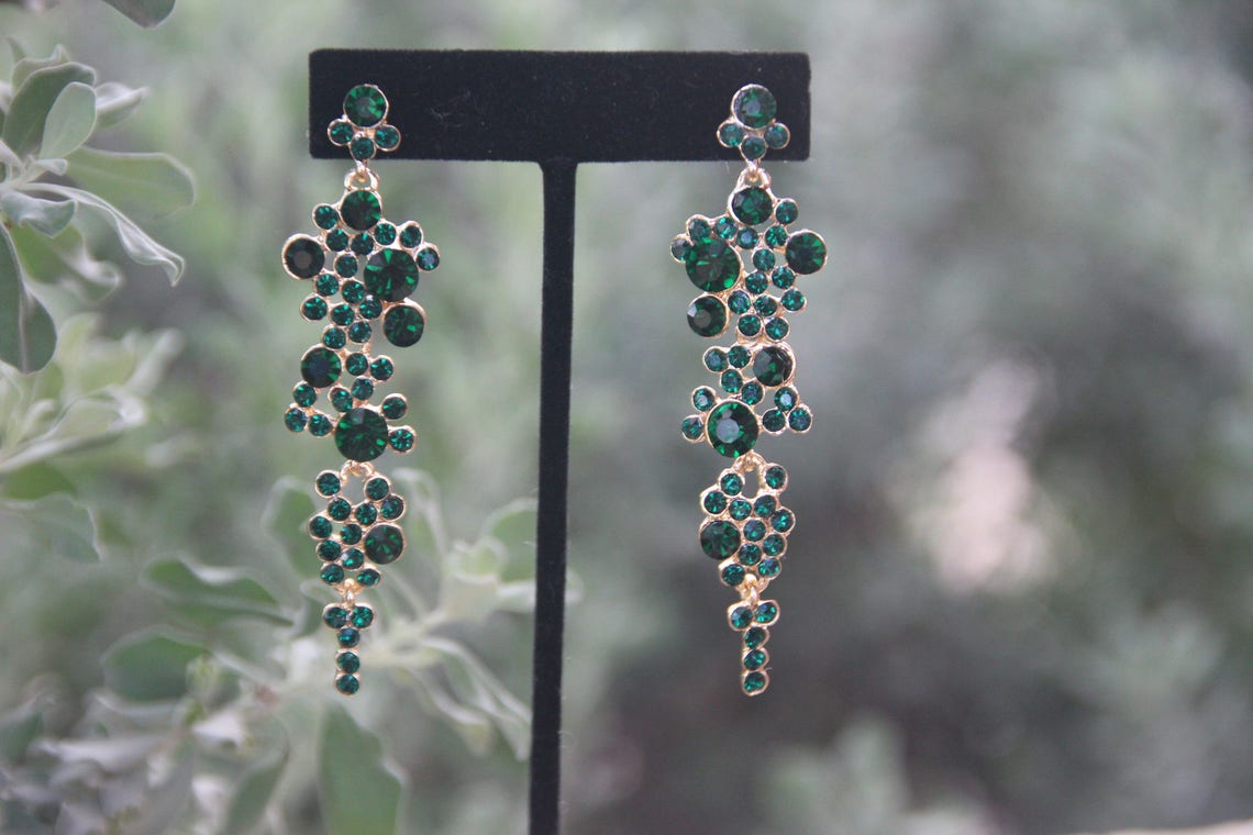 Emerald Green Dangle Earrings Rhinestone Pageant Earrings - Etsy New ...