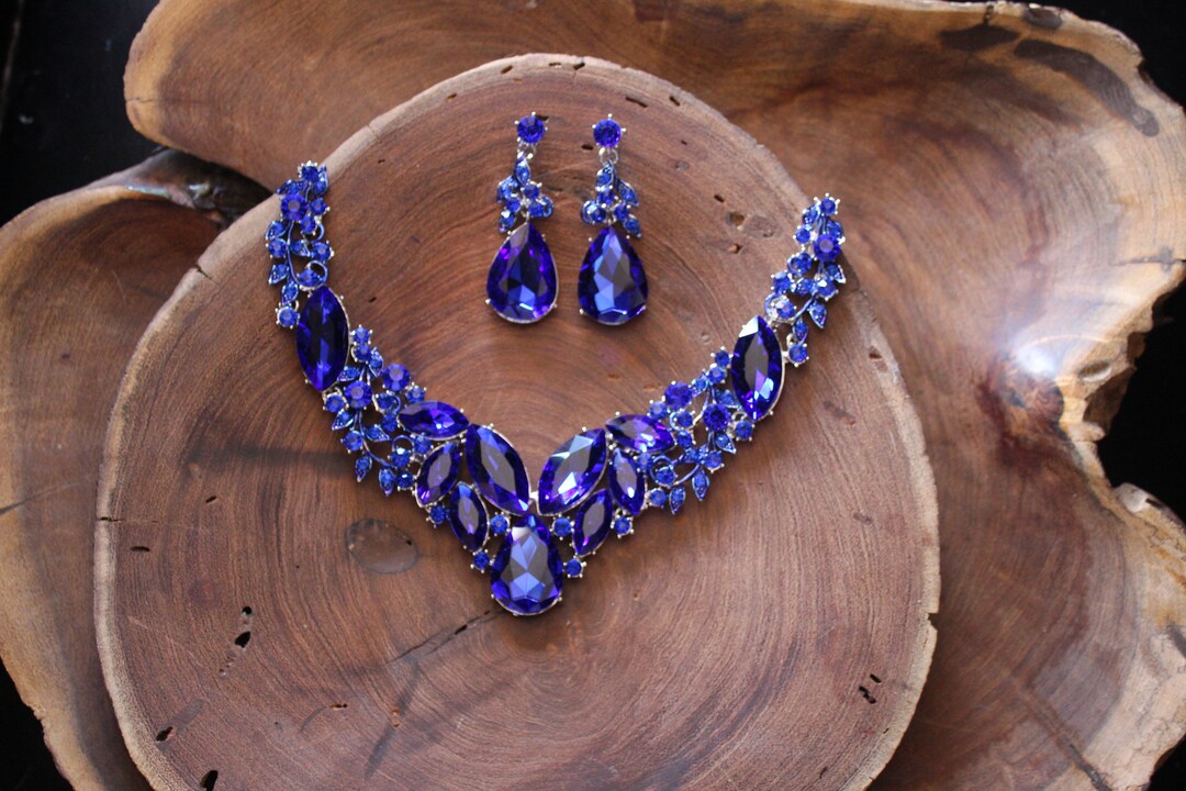 Royal Blue Necklace and Earrings Set, Blue Rhinestone Prom Necklace ...