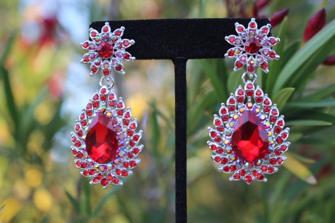 Red Clip on Earrings, Red Dangle Earrings, Red Rhinestone Earrings, Red ...