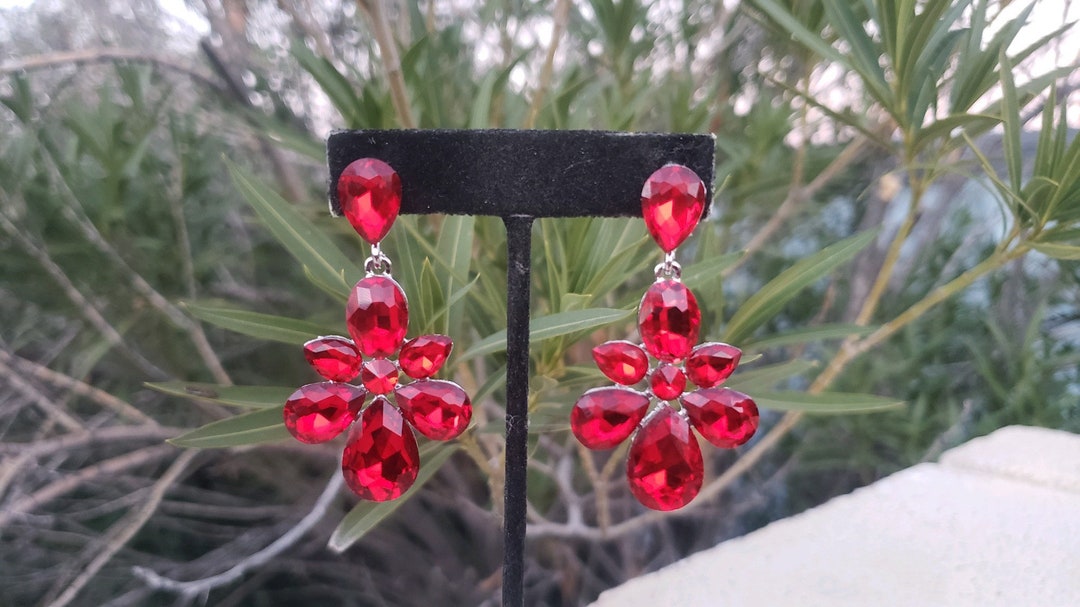 Red Prom Earrings, Red Rhinestone Earrings, Red Ballroom Dance Earrings ...
