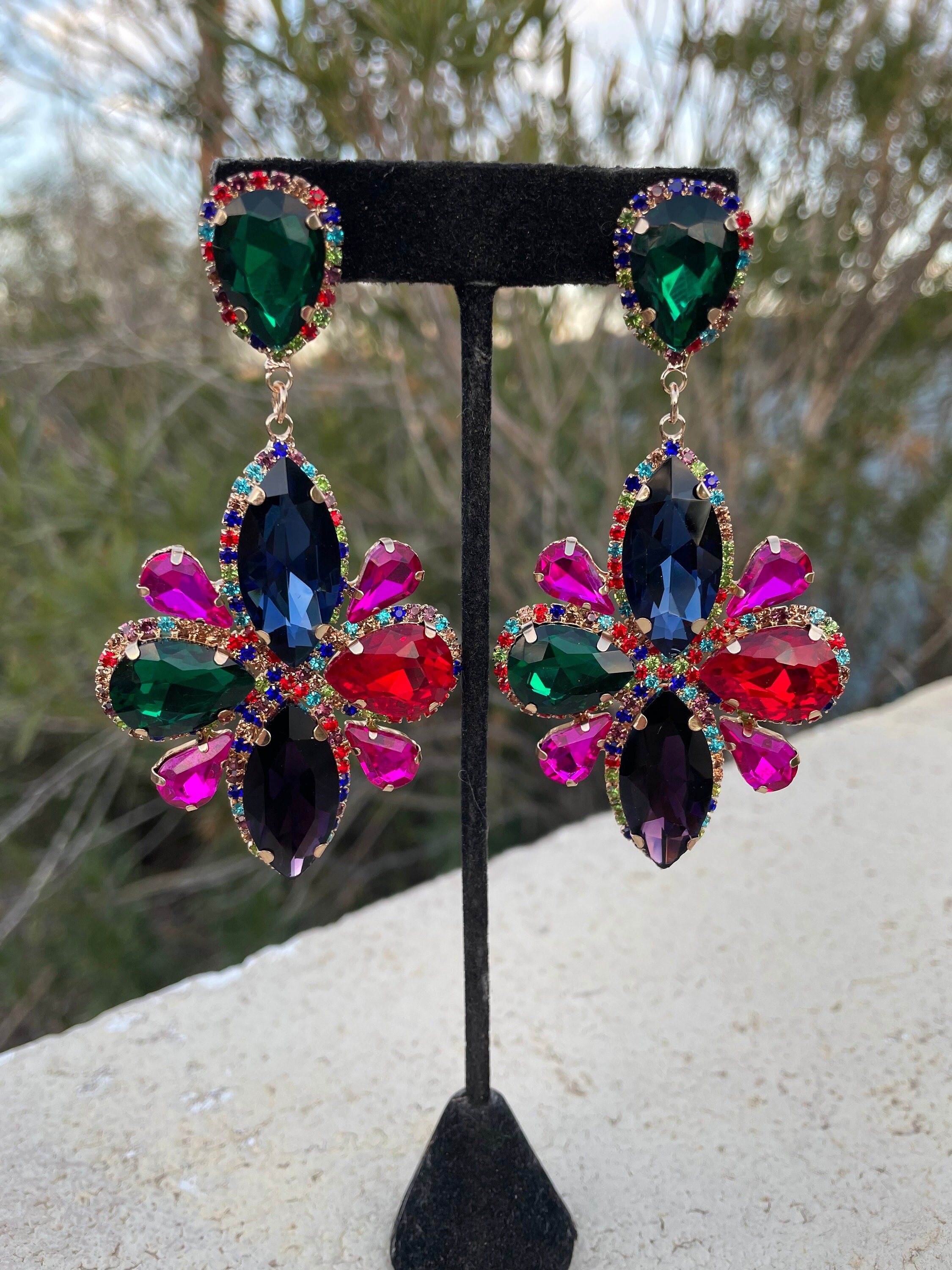 DesertRoseDesigns10 Large Multi Color Rhinestone Earrings Statement Colorful Earrings