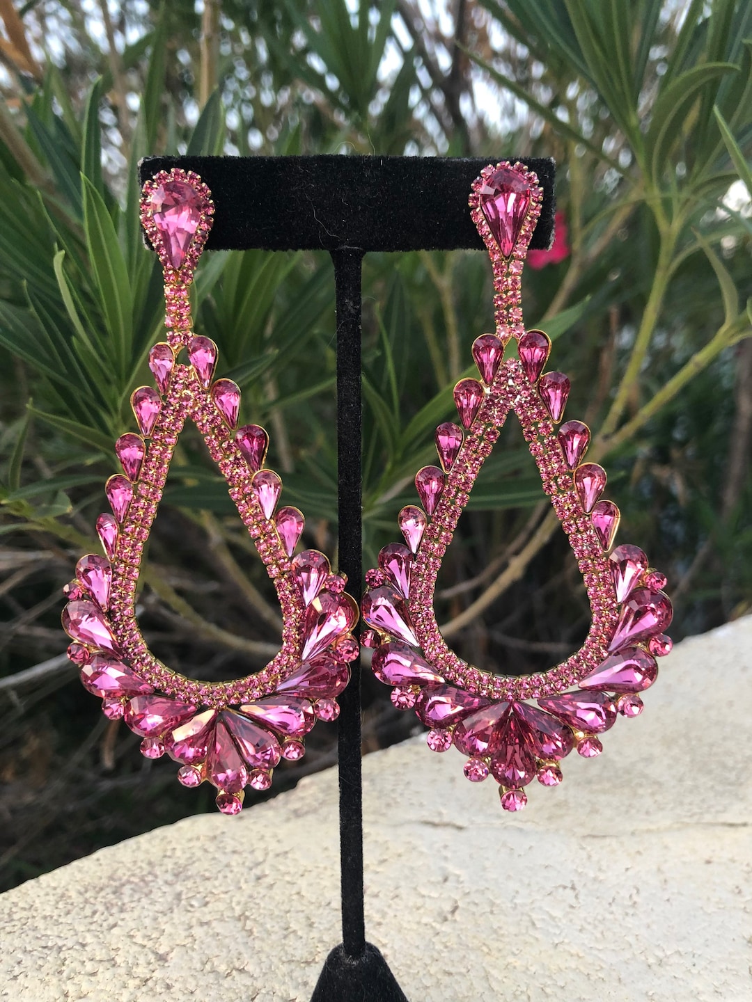 Hot Pink Dangle Earrings, Pink Rhinestone Earrings, Pink Long Earrings ...