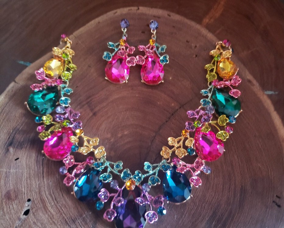 Multi Color Rhinestone Necklace and Earrings Set Rainbow | Etsy