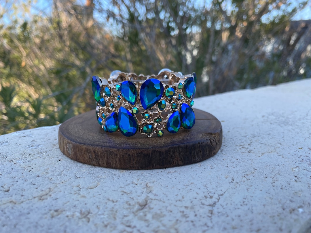 Blue Ab Prom Bracelet, Blue Green Iridescent Rhinestone Bracelet - Etsy