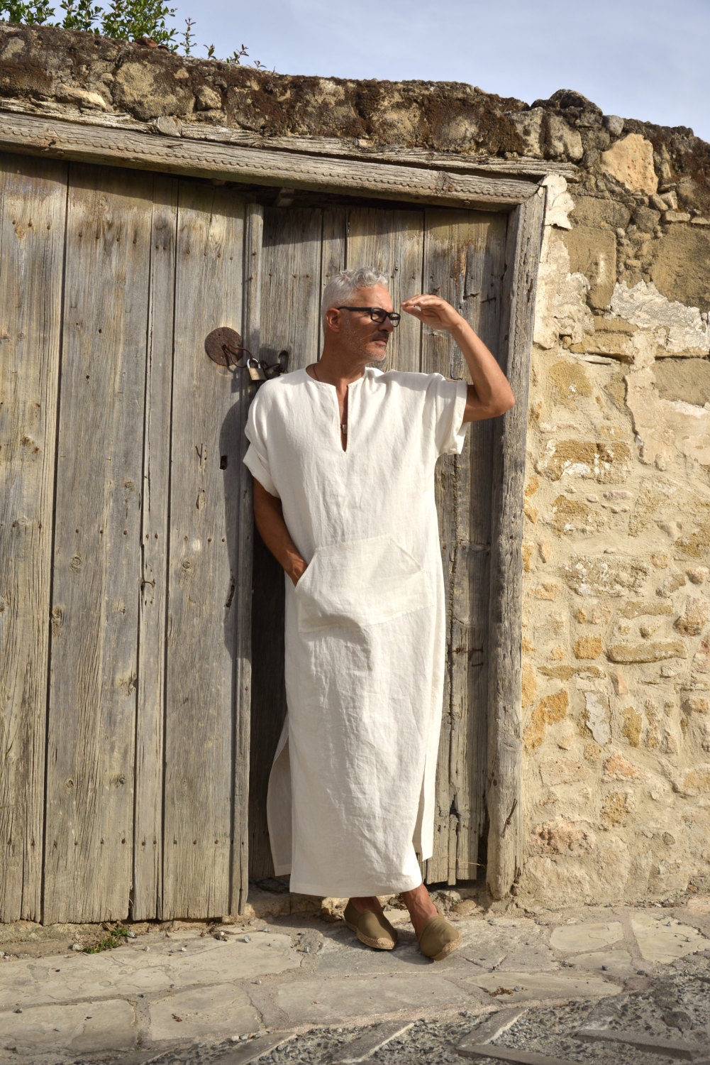 Classico Chalk White Linen Loungewear Soft Wrinkled Kaftan With Pocket Relaxed Short Sleeved