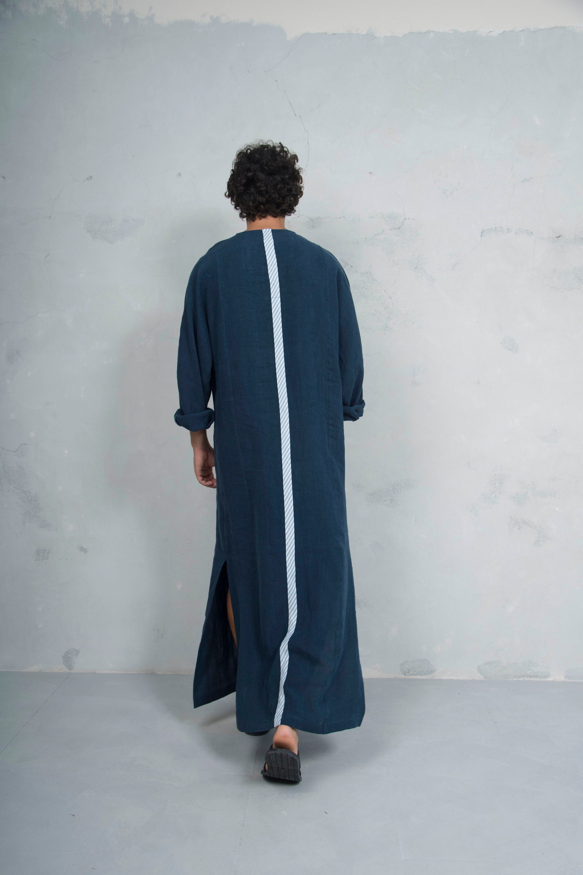 MINOAN. Navy Blue pure linen long tunic. Front pocket. Striped linen ...