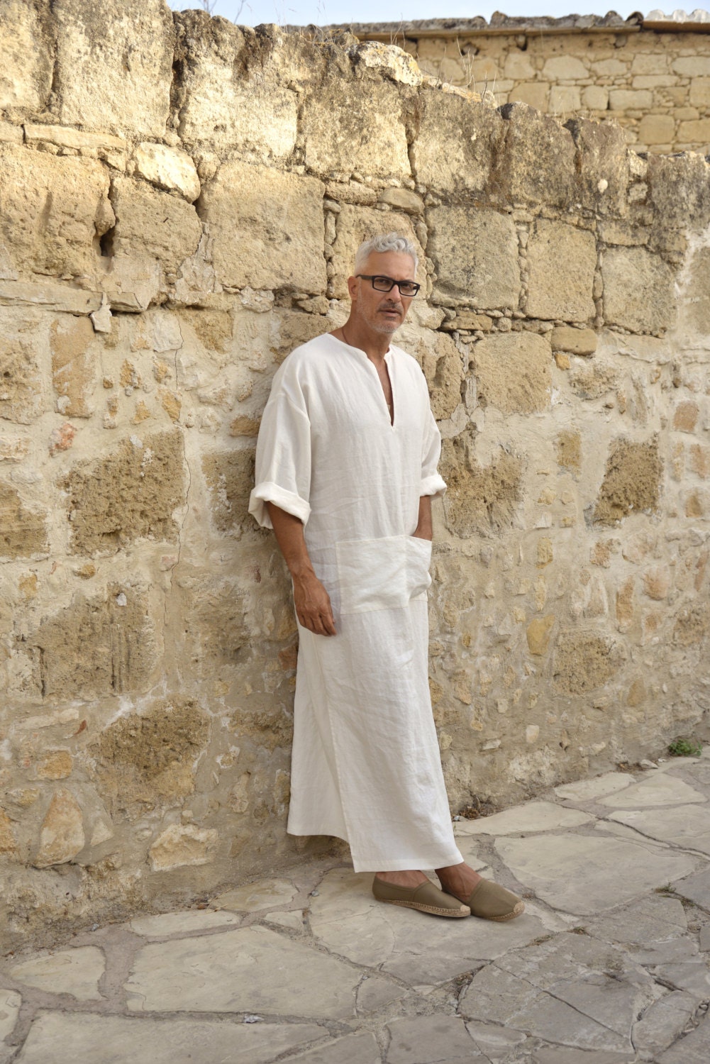 Classico Mens Chalk White Soft Linen Caftan With Front Pocket Light Weight Beach Cover Up