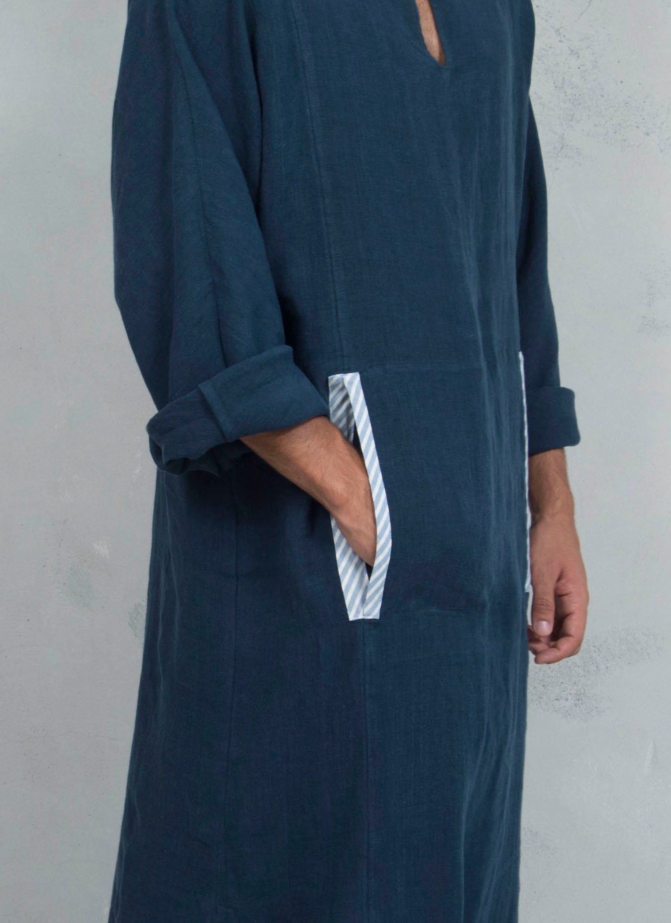 MINOAN. Navy Blue pure linen long tunic. Front pocket. Striped linen ...