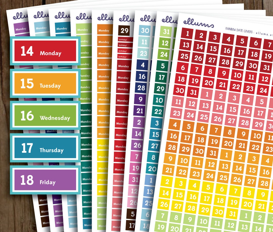 Rainbow Date Cover Planner Stickers PRINTABLE Instant Download DIY Date ...