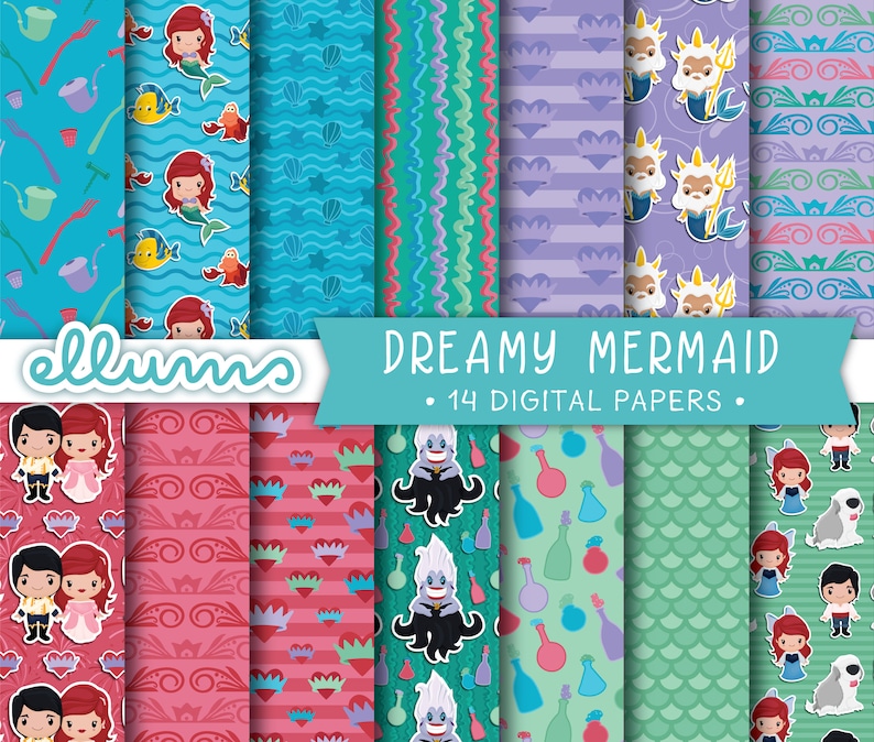 Dreamy Mermaid Digital Paper | PRINTABLE Jpgs | 12x12 | Disney™ Little ...