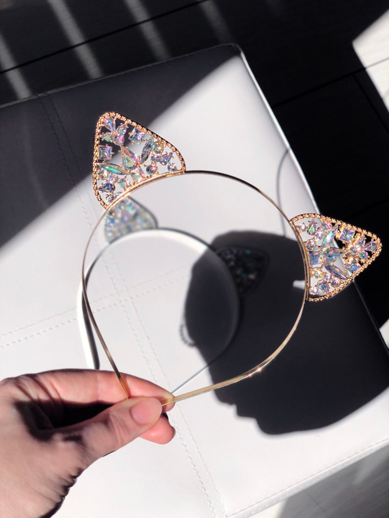 Silver Crystal Cat Ear Ear Headband Crown Headband - Etsy