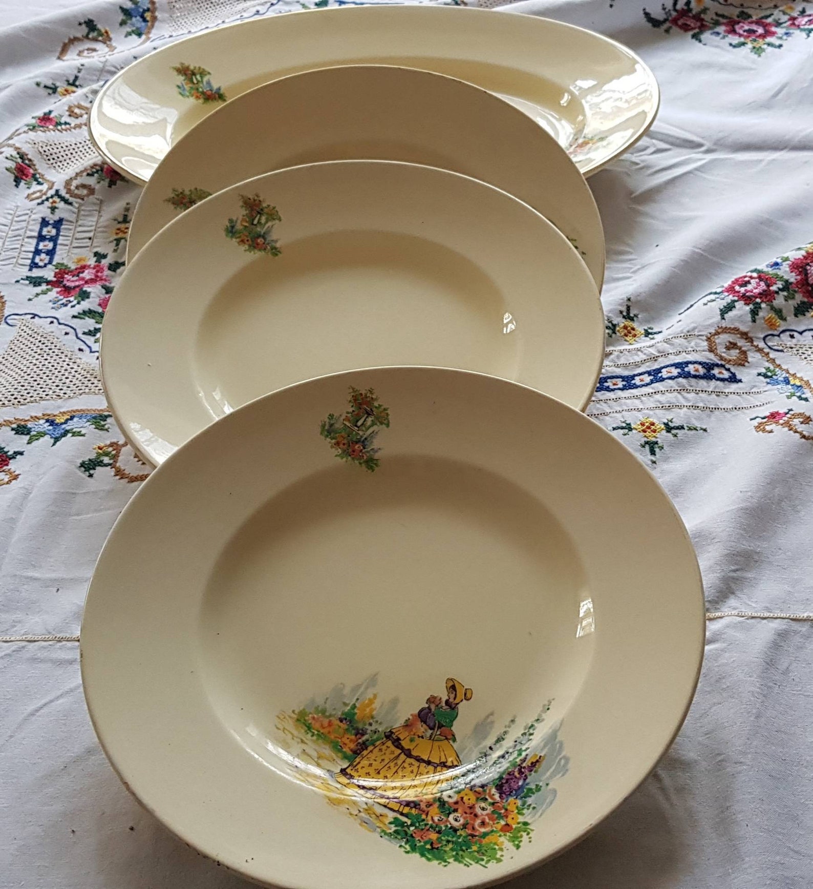 Woods Ivory Ware Platter and Three Plates Made in England Crinoline ...