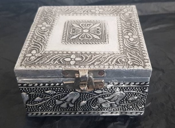 Hand Carved Wooden and Metal Embossed Jewelry Box , With Blue Velvet ...