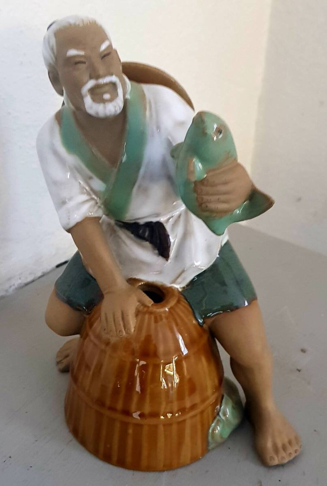 Vintage Chinese Shekwan Mudman Mud Man Figurine Fisherman With Basket ...