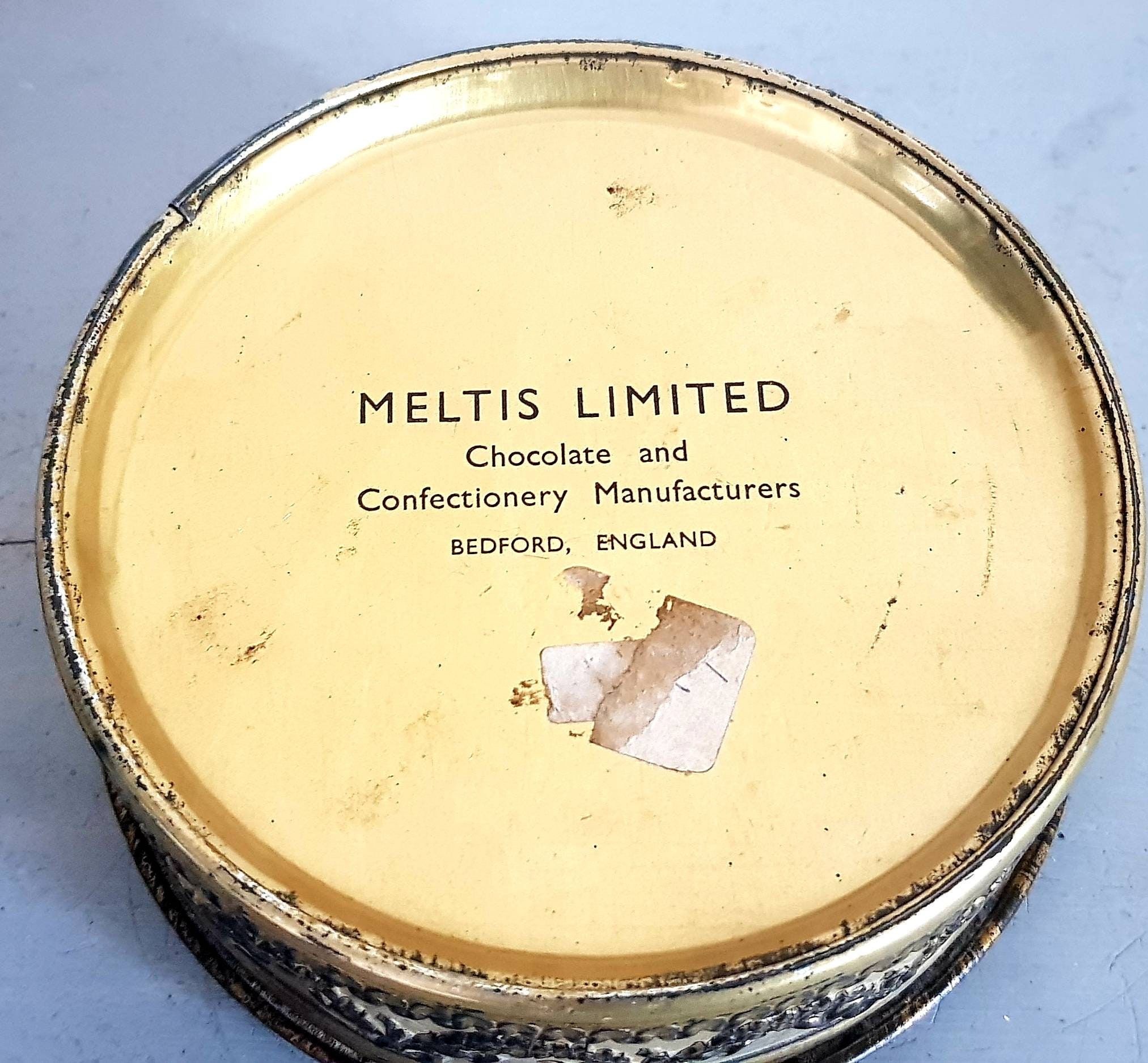 Vintage 50s Meltis Limited Chocolate Candies TIN BOX Queen Elizabeth II ...