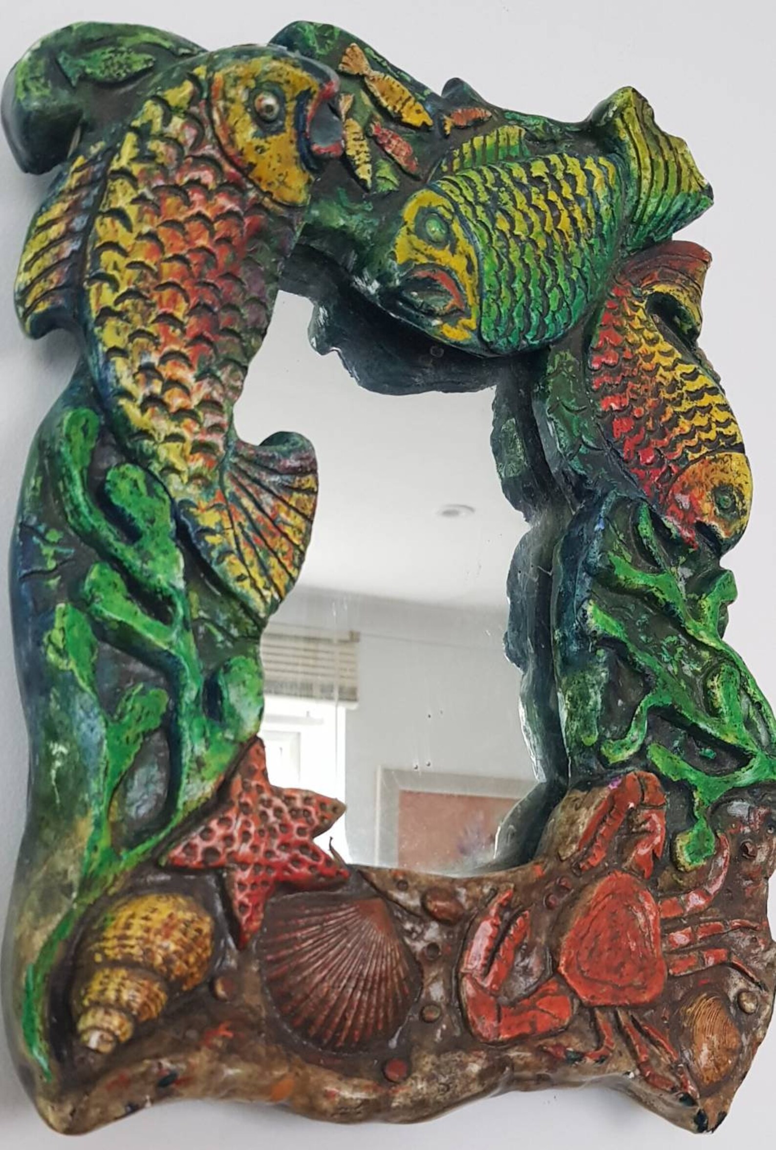 Hermoso colorido relieve yeso pintado pared espejo pescado en - Etsy España