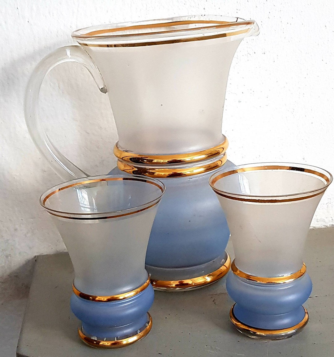 Retro/vintage Large Frosted Glass Jug Blue and Gold and 2 Frosted ...