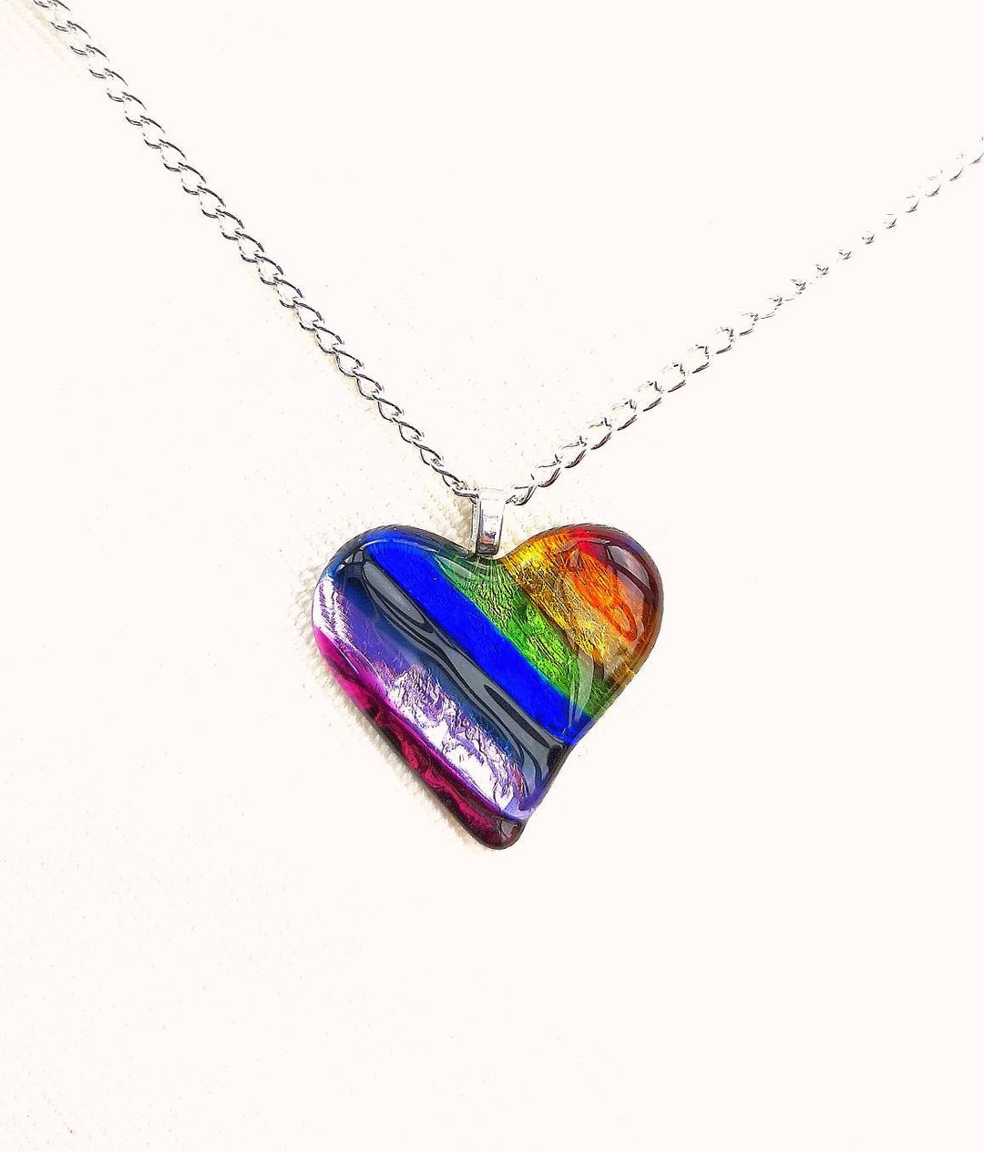 Rainbow Glass Heart Pendant and Silver Chain - Etsy