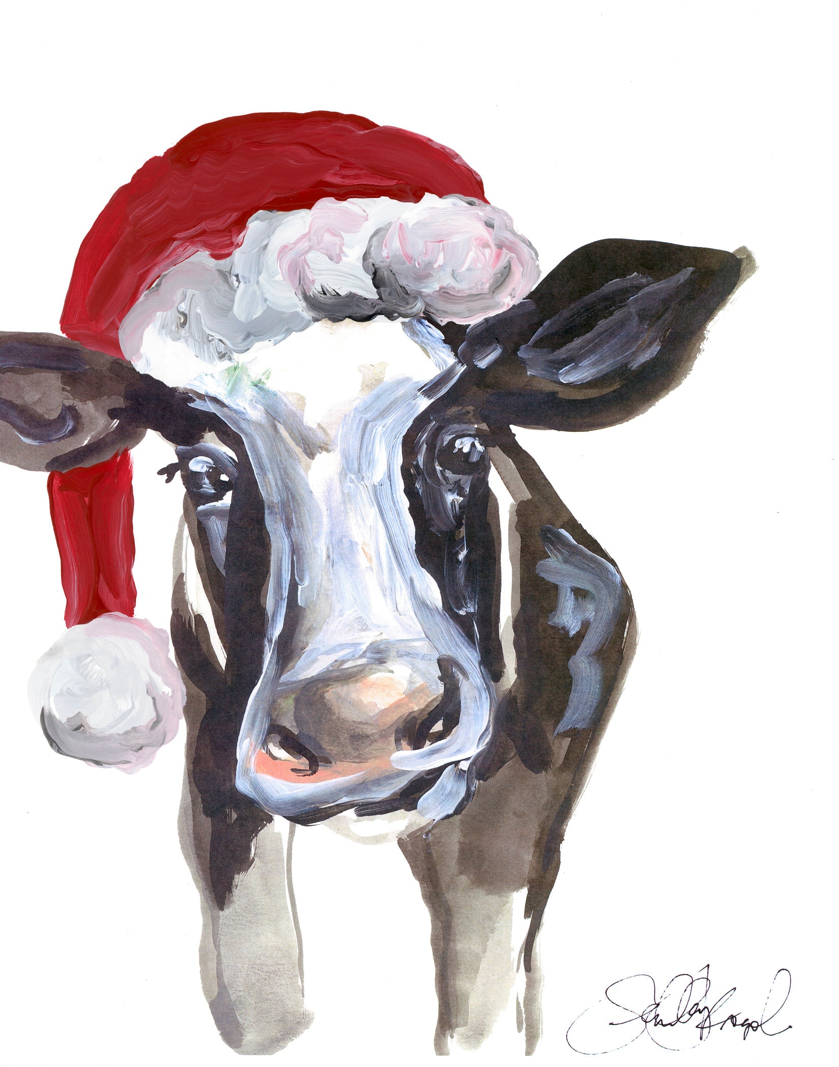 Santa Hat Cow Art Print Watercolor Painting Christmas Home | Etsy