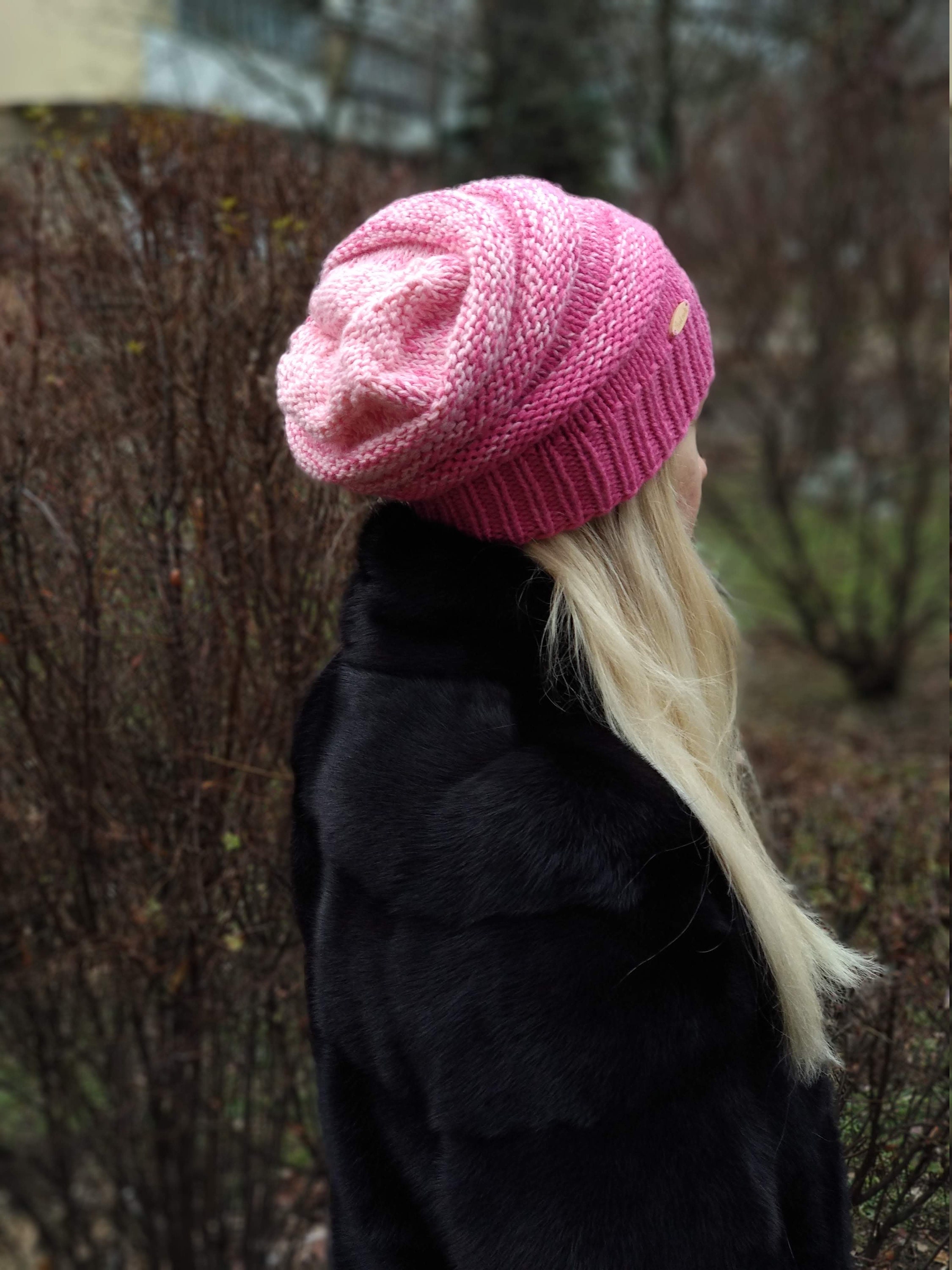 Winter Slouch Pink Hat, Warm Pink Ombre Hat, Fleece Lining Hat, Women's ...