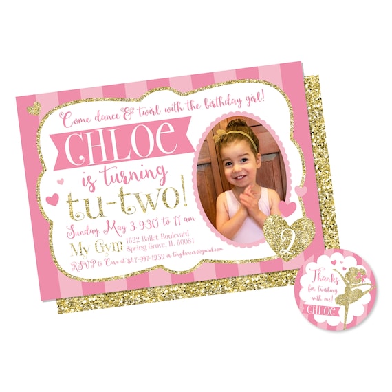 Tu-Two Ballerina Birthday Invitation With Photo & Favor Tag by Confetti ...