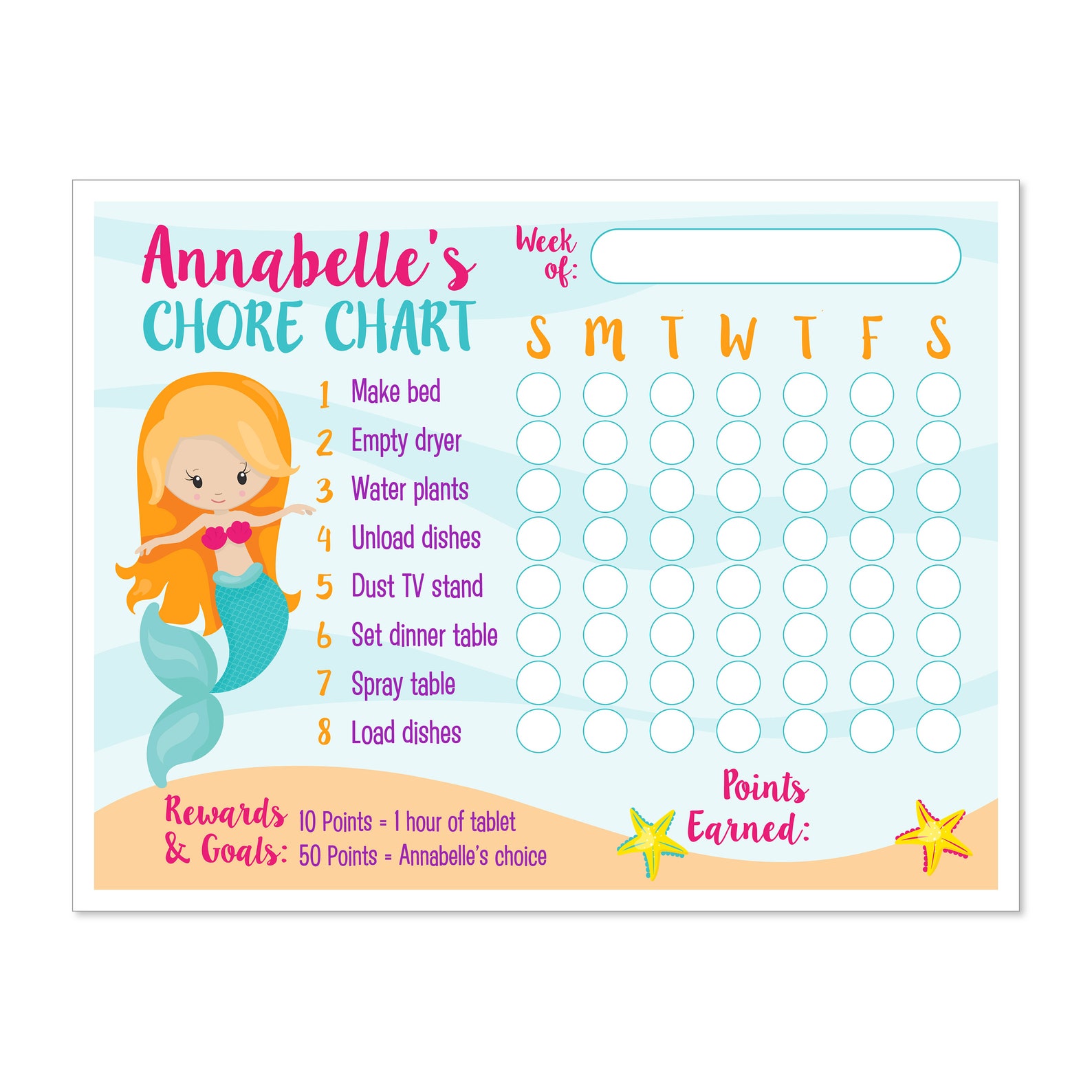 EDITABLE Mermaid Themed Chore Chart - Etsy